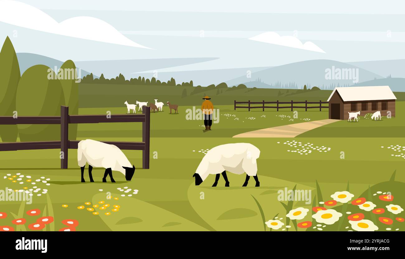 Goats grazing in meadow green Stock Vector Images - Alamy