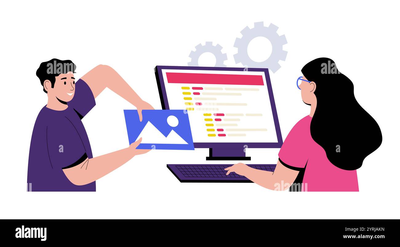 Two web developers collaborating on digital project insert an image into website code displayed ...