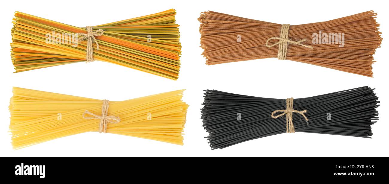 Colorful spaghetti tricolore pasta isolated on white background. Top ...