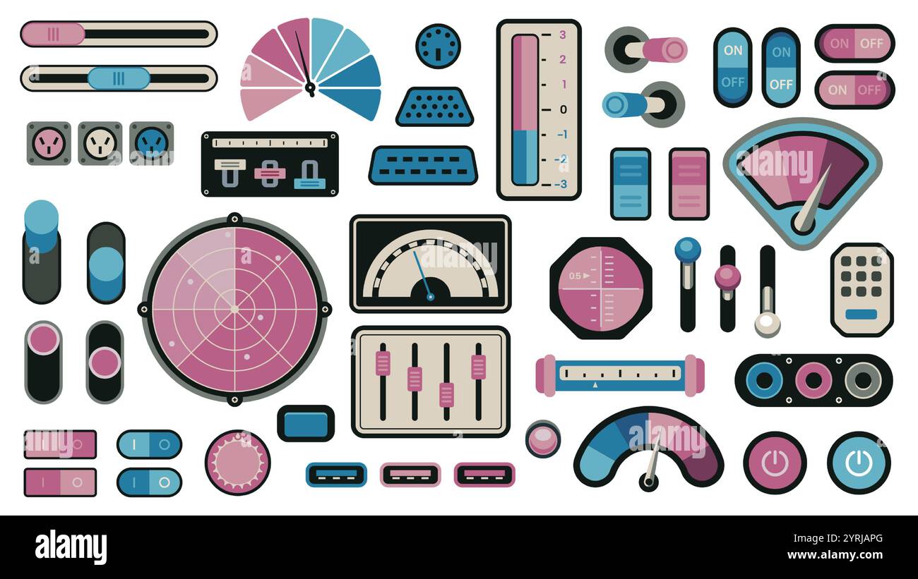 Retro control panel elements. Analog dashboard interface with measurement indicators, volume ...
