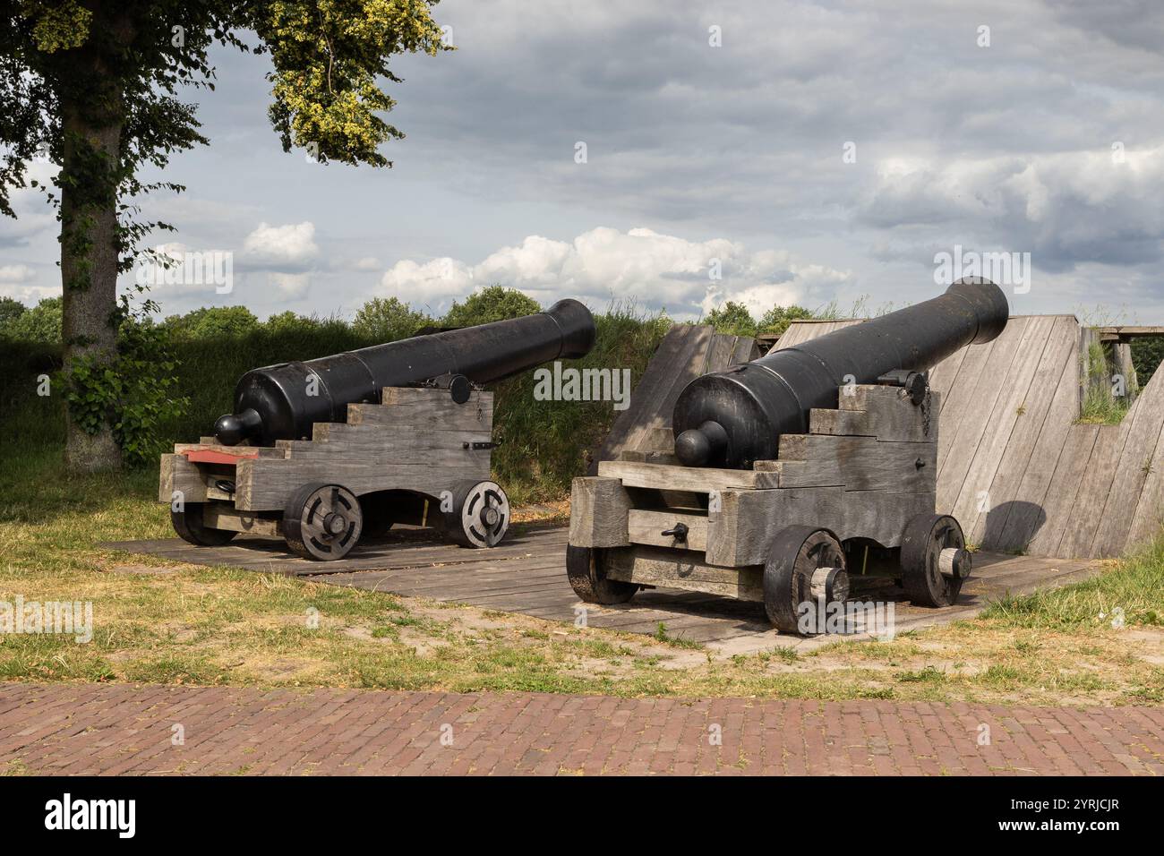 Historic canons at the star shaped fort of Bourtange, in Groningen in ...