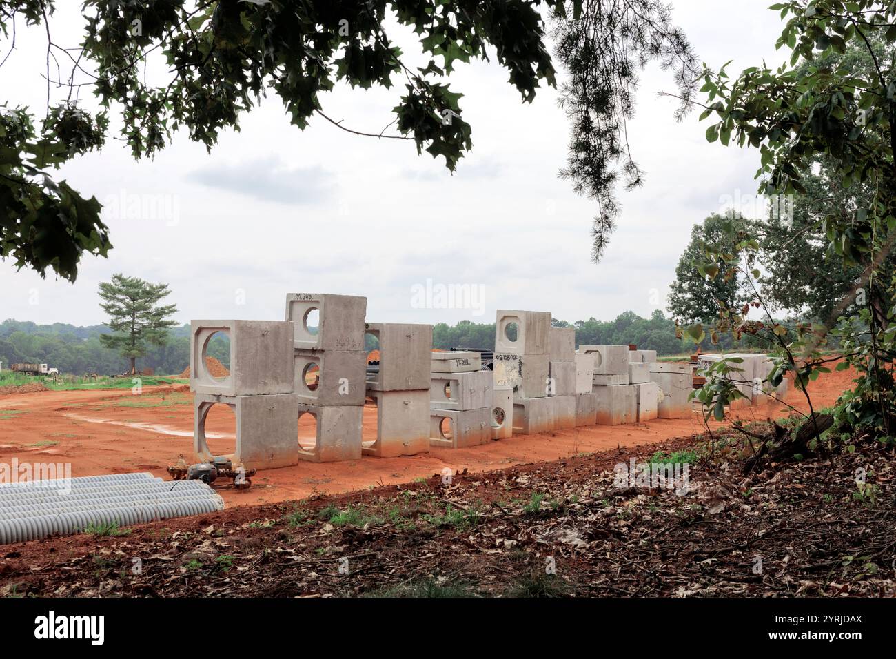 Hickory, NC, USA-26 July 2024: Square precast concrete vault drainage ...