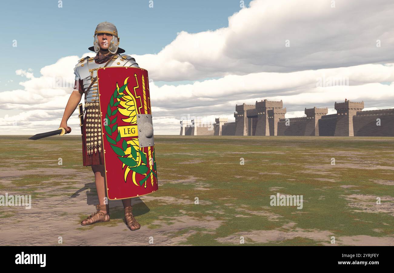 Roman legionary in a landscape with an ancient fortress Stock Photo - Alamy