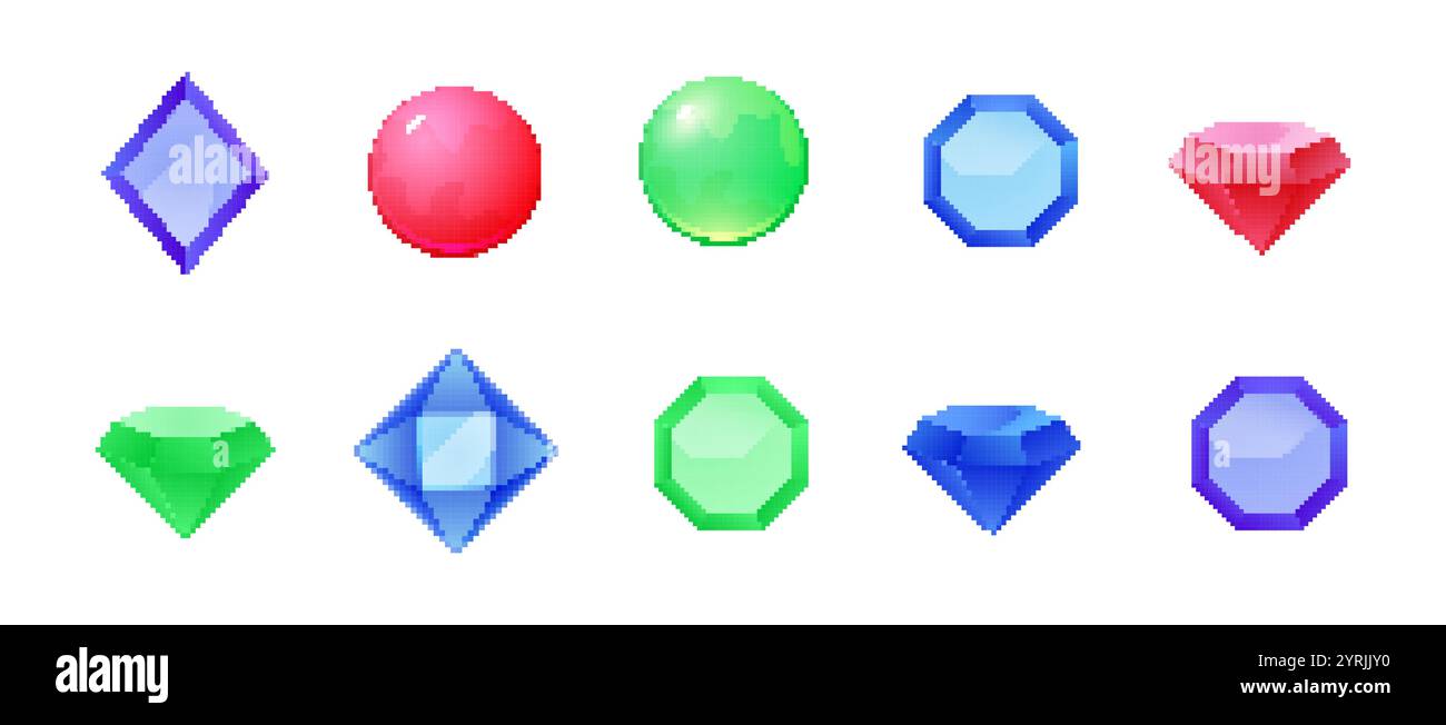 Pixel gemstone set. Vibrant jewels retro-style pixel diamond ruby ...