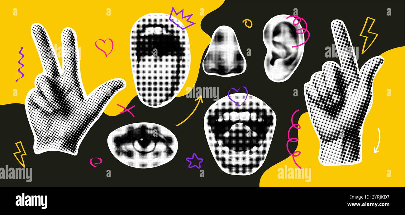 Pop art collage human face hands. Pop art collage halftone effect ...