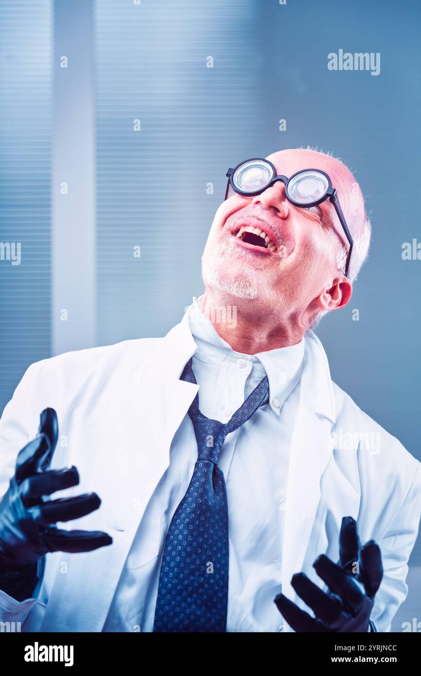 Mad scientist wearing a lab coat, black gloves, and thick glasses ...