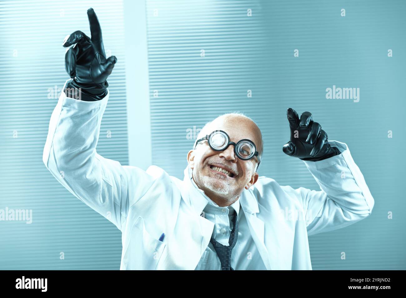 Eccentric senior scientist wearing black gloves and round glasses ...