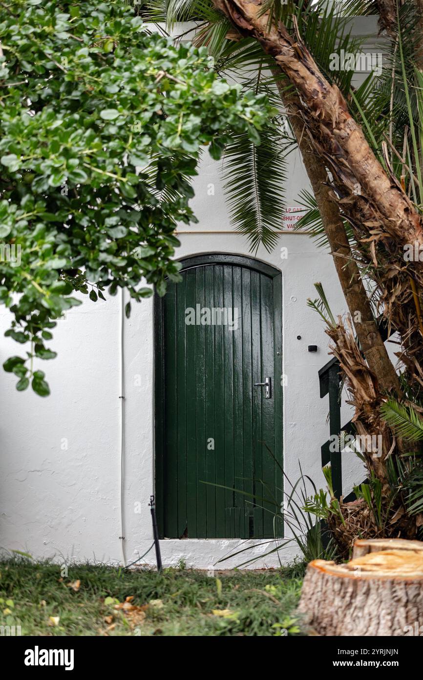Green slats wooden door in white wall, entrance to the building ...