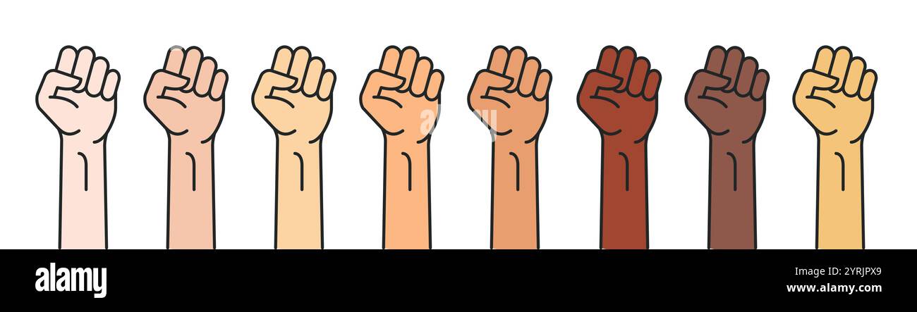 Raised fists of diverse skin tones symbolizing unity and empowerment. Illustration representing ...