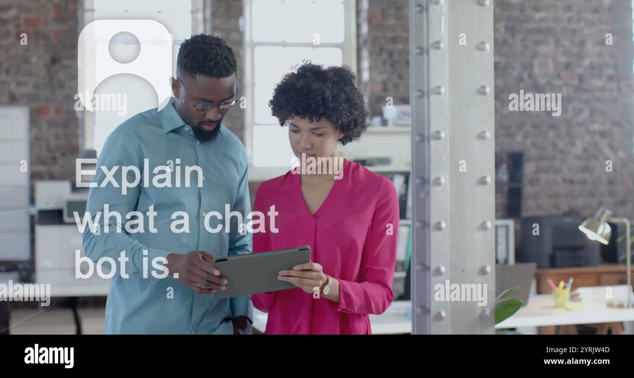 Image of ai chat and icons over diverse colleagues discussing work in ...