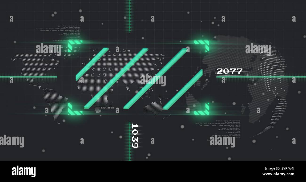 Digital world map and data processing image over green bars and numbers ...