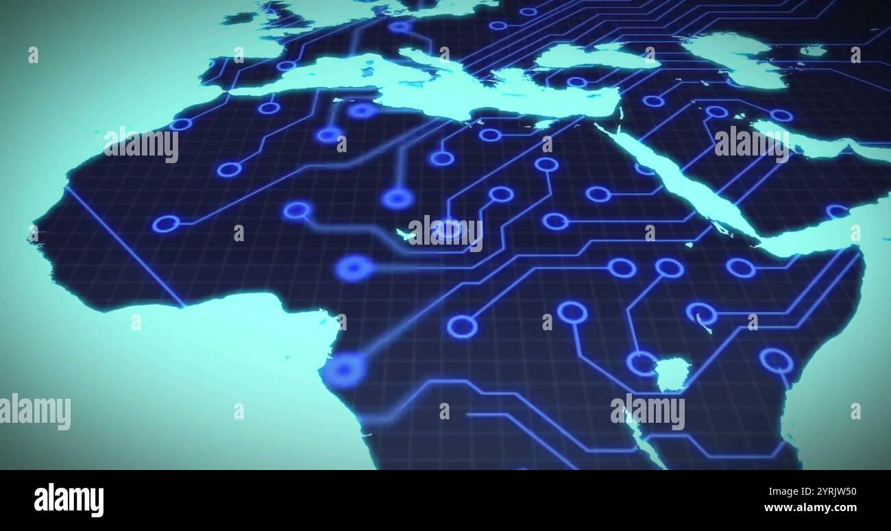 Image of world map with computer circuit board on black background ...