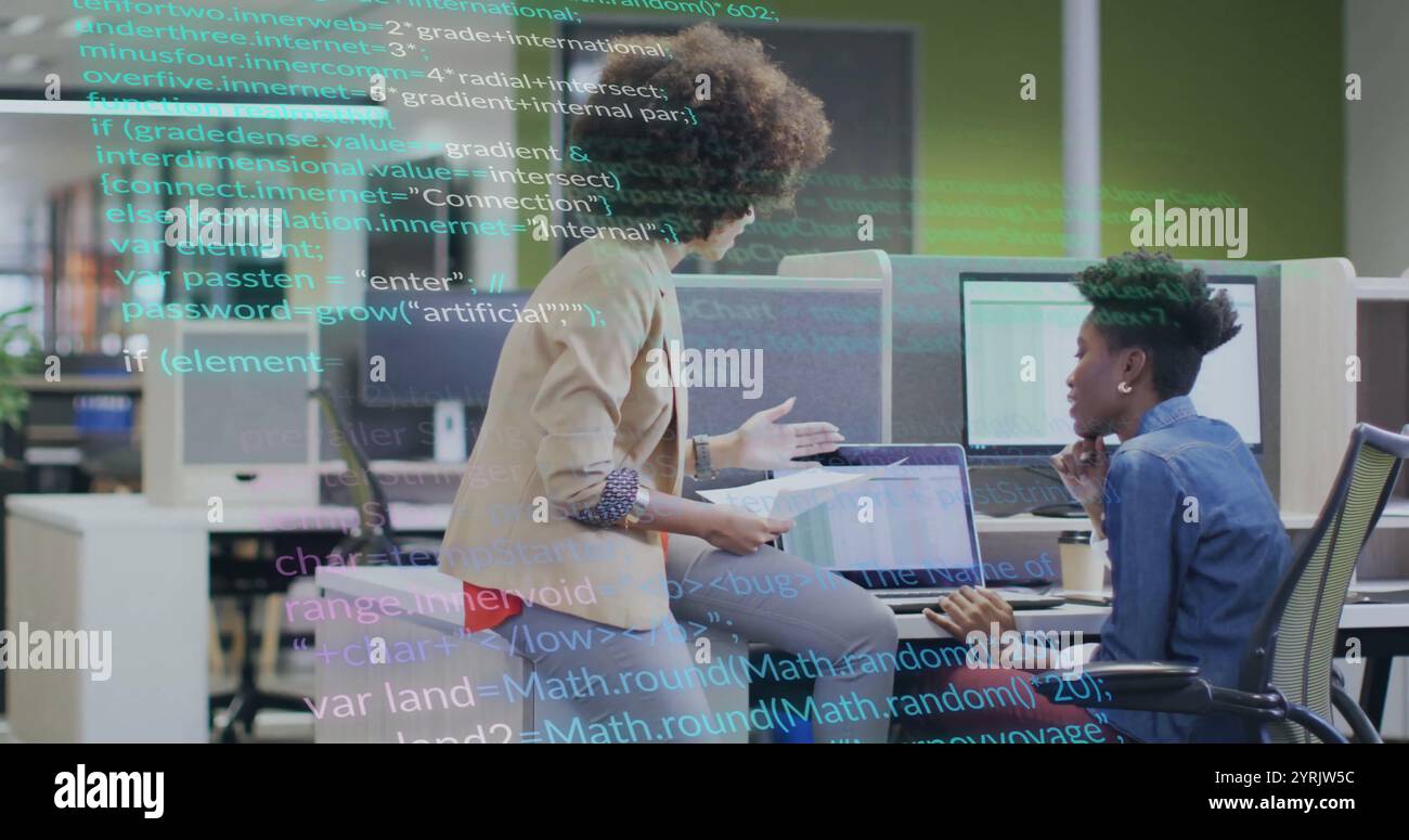 Image Of Data Processing Over Diverse Female Colleagues Discussing Work