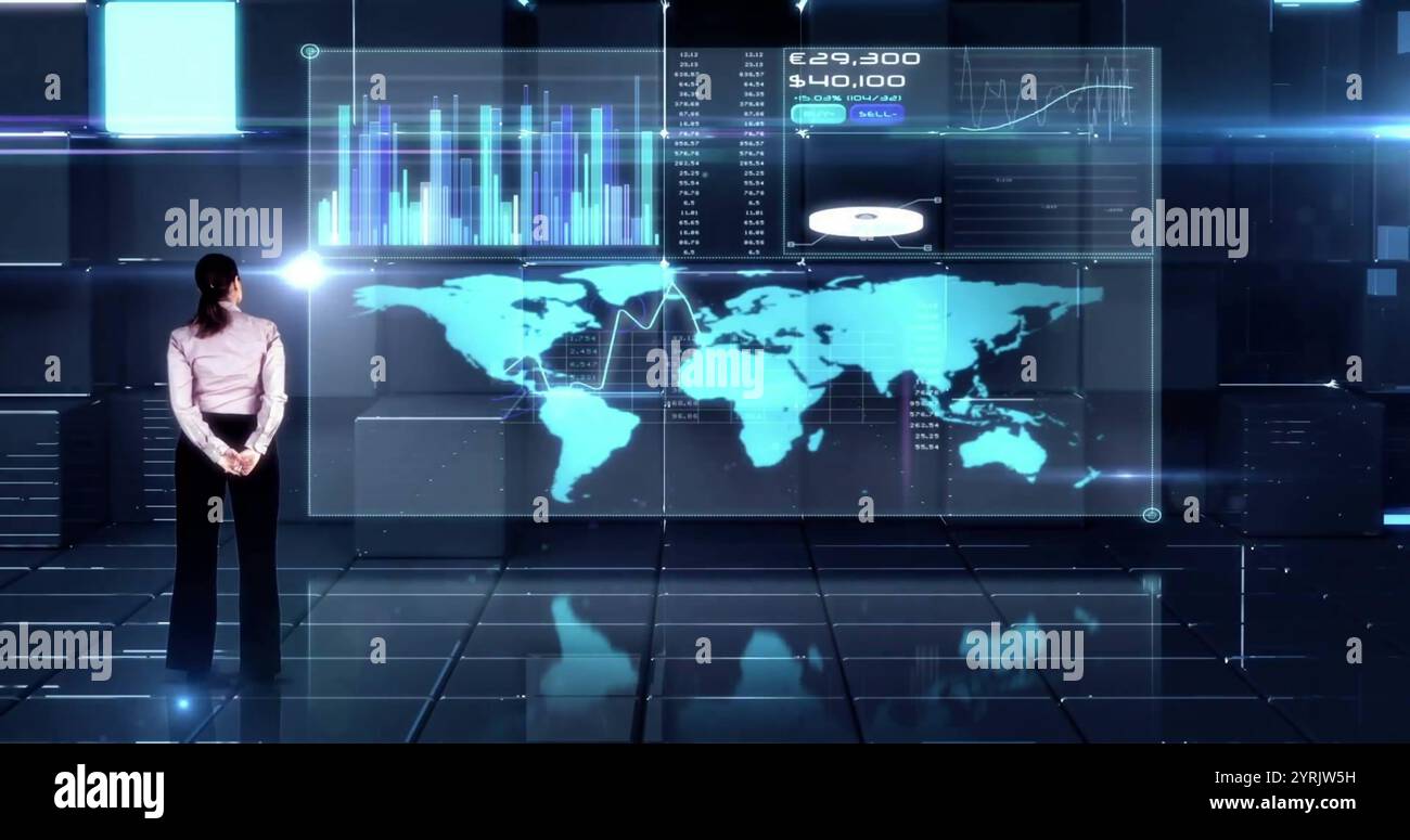 Image of caucasian woman touching digital screen with data processing ...