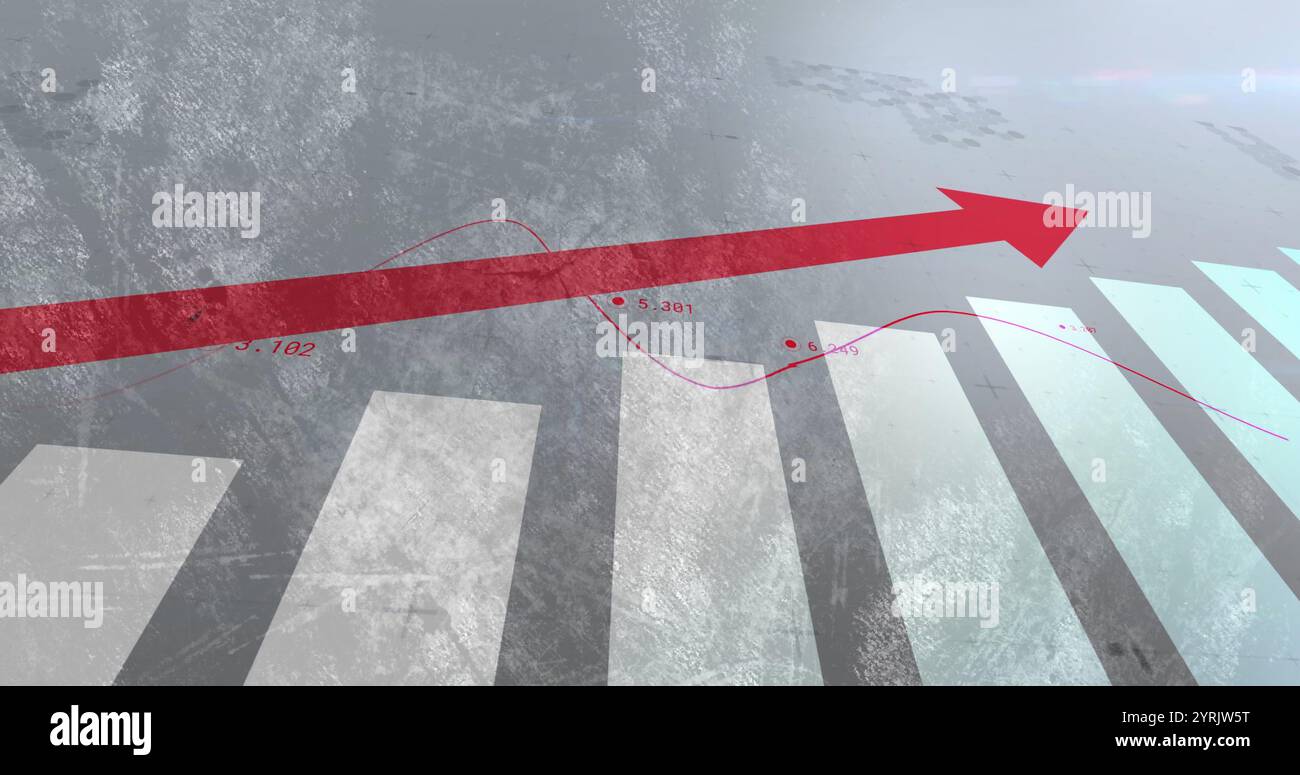 Red arrow and line graph image over bar chart on textured background ...