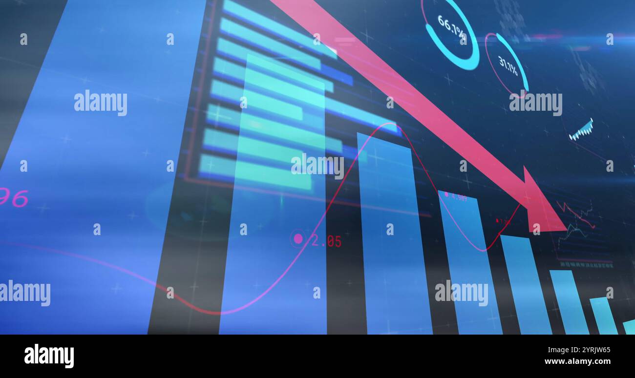 Declining bar chart and red arrow image over financial data Stock Photo ...