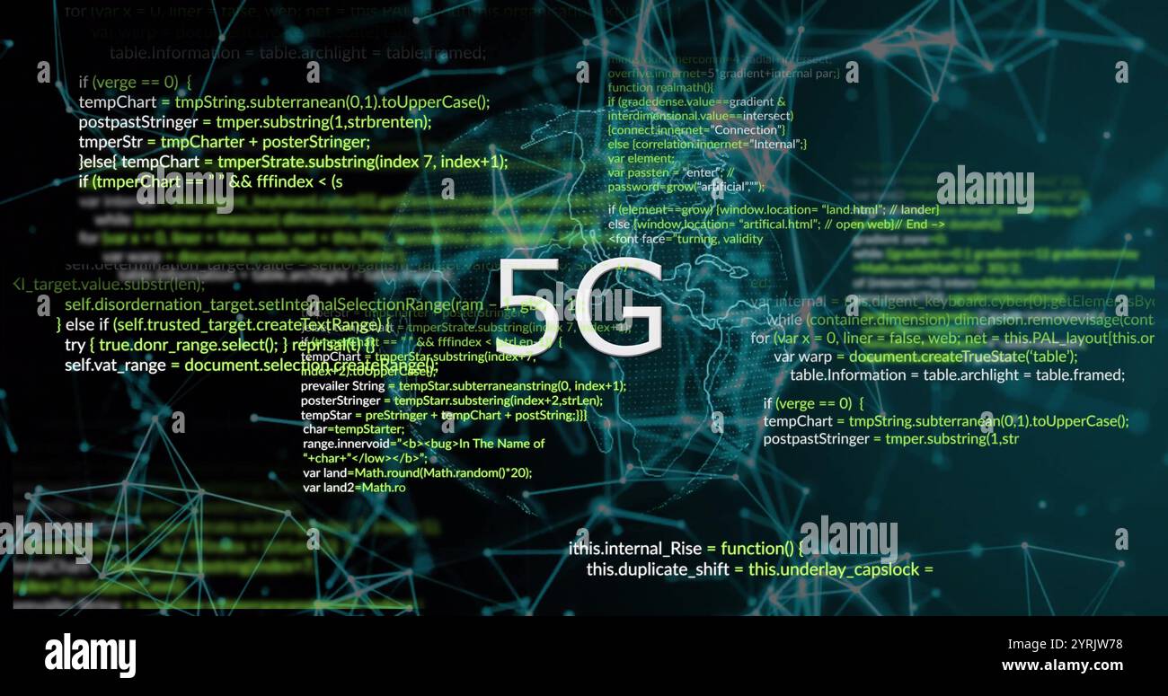 5G text image over digital network and programming code background ...