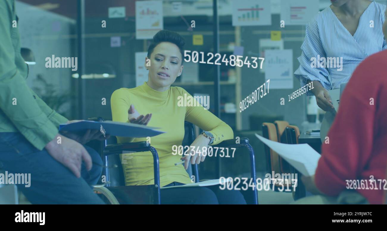 Business meeting with numerical data processing image over diverse team ...