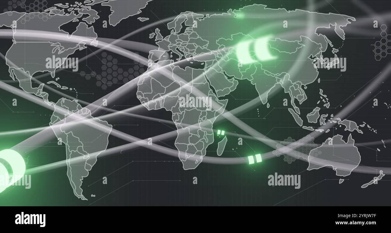 Global data transfer image over world map with green glowing nodes ...