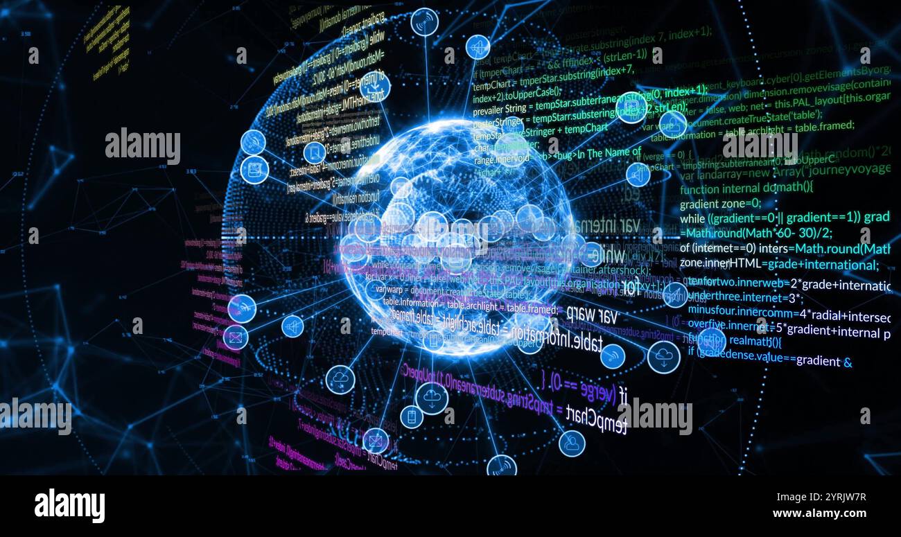 Digital globe surrounded by data processing image with various coding ...