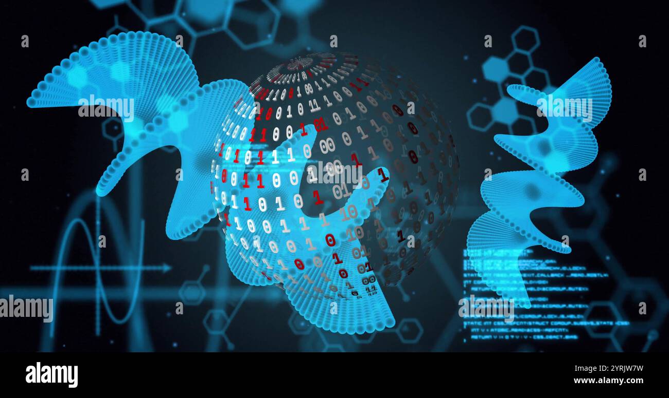 Binary code sphere and molecular structures, scientific data processing image. Technology ...