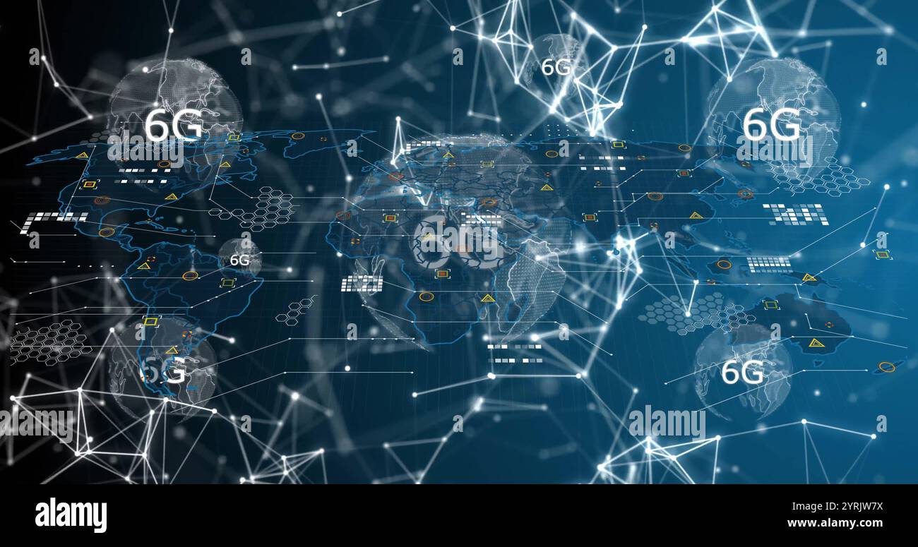 Global network connections and 6G technology image over world map Stock ...