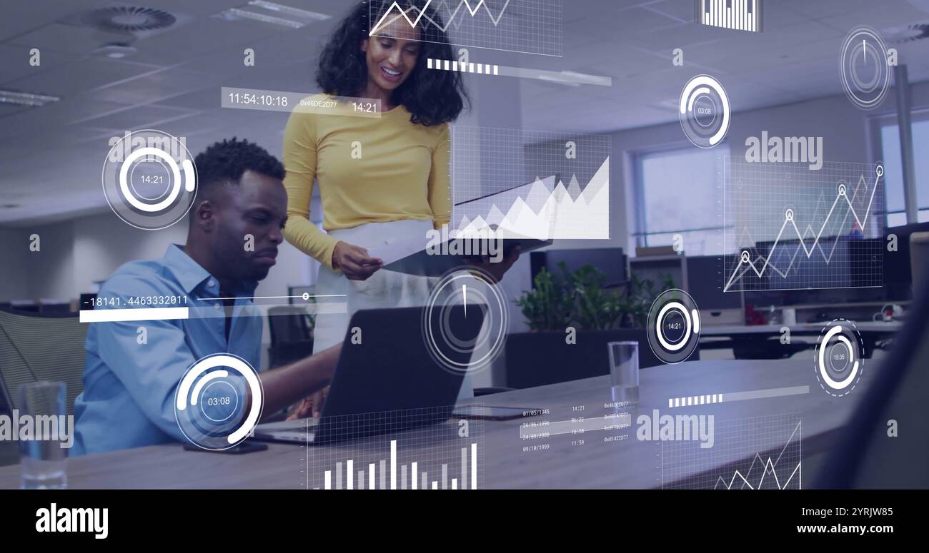 Business data analytics image over diverse colleagues collaborating in modern office Stock Photo ...