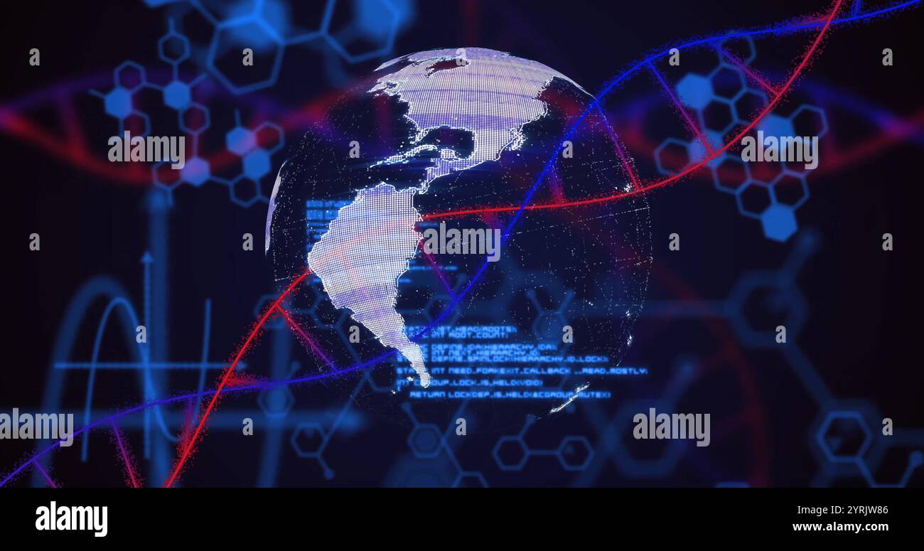 Rotating Earth with DNA strands and hexagonal patterns, scientific data ...