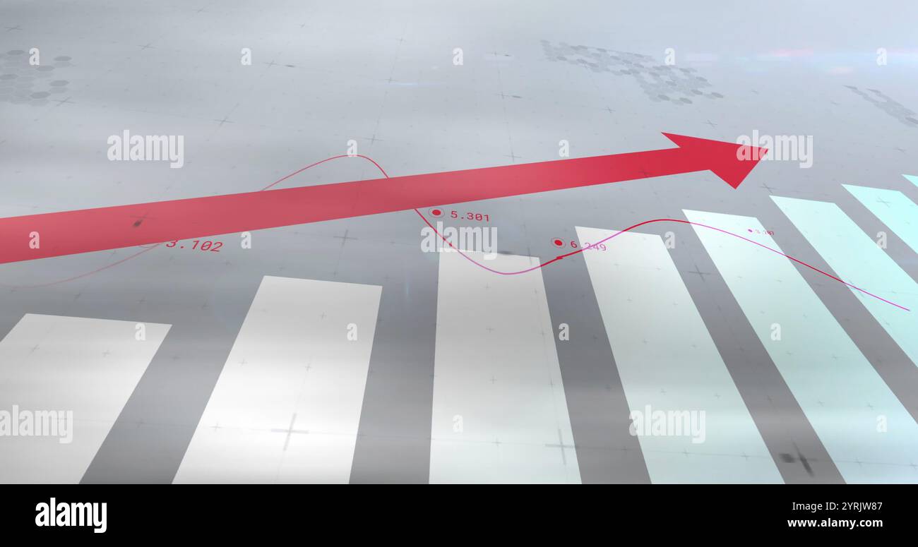 Rising red arrow and bar graph with data points image over gray ...