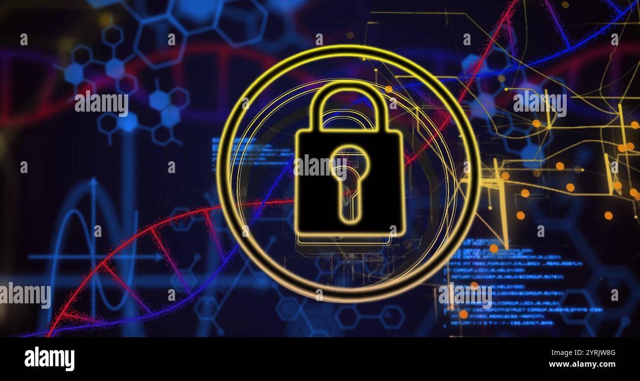 Lock symbol and cybersecurity image over digital data and network ...