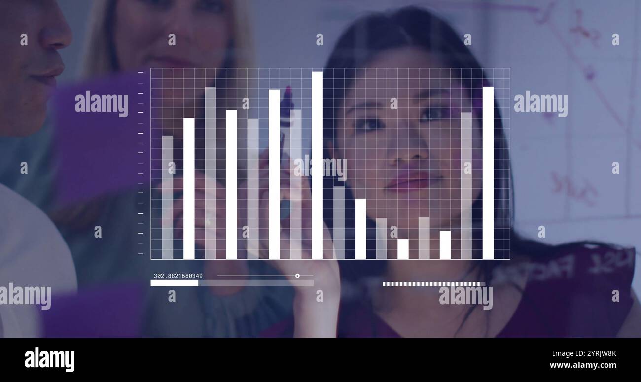 Business people brainstorming with bar graph image over transparent ...