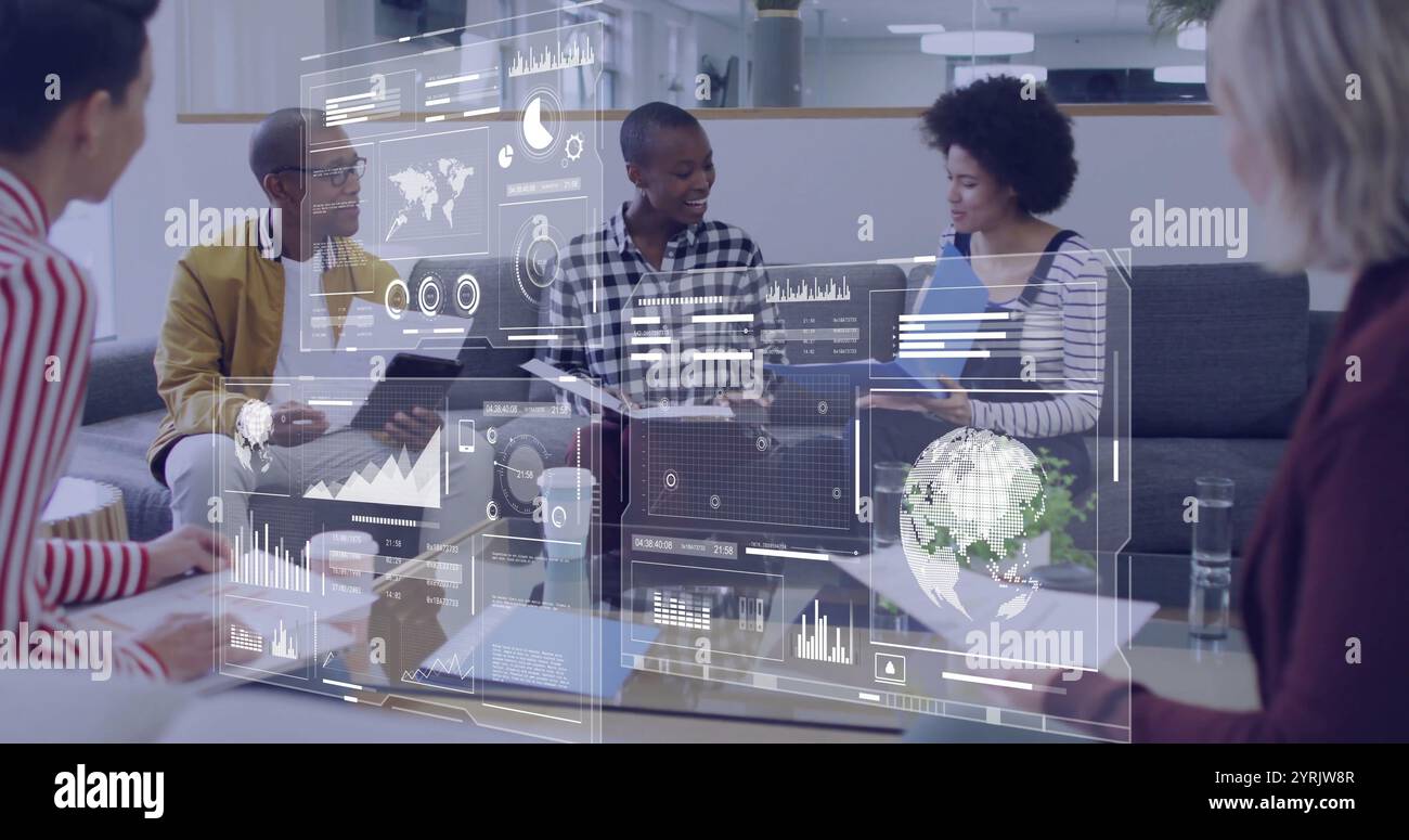 Business data analytics image over diverse team discussing in modern ...