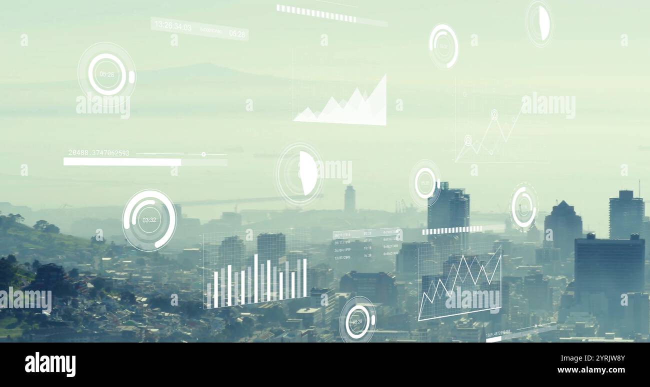 Image of diagrams and data processing over cityscape Stock Photo - Alamy