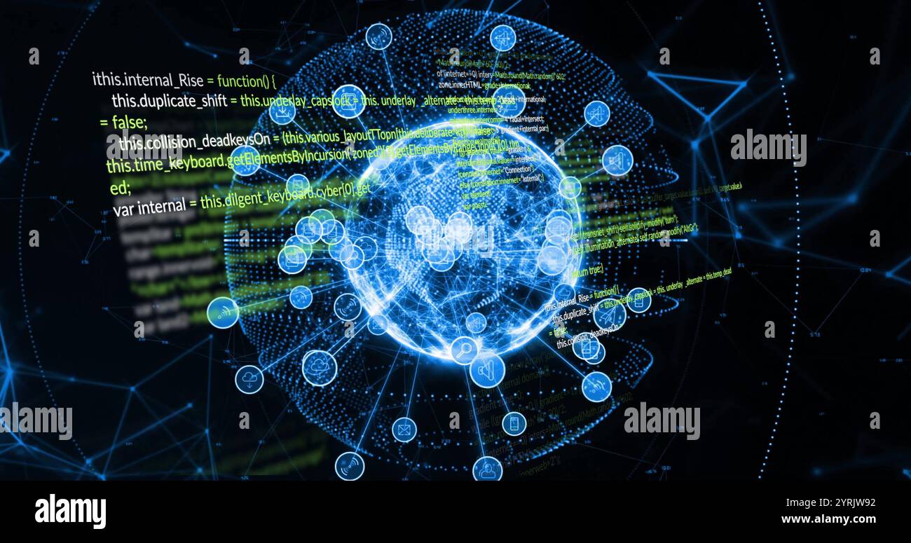 Glowing network connections and data processing image over programming ...