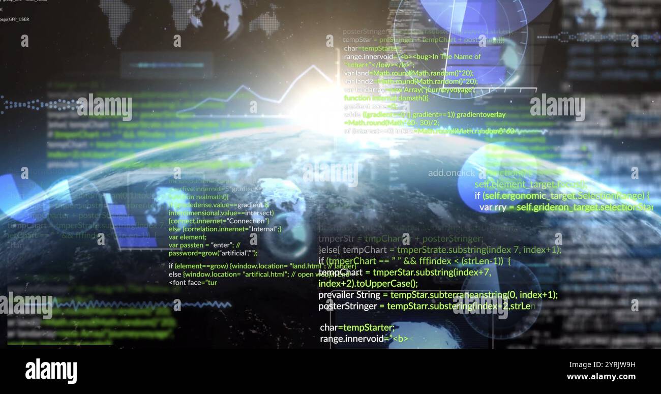 Programming code and data processing image over Earth from space Stock Photo - Alamy