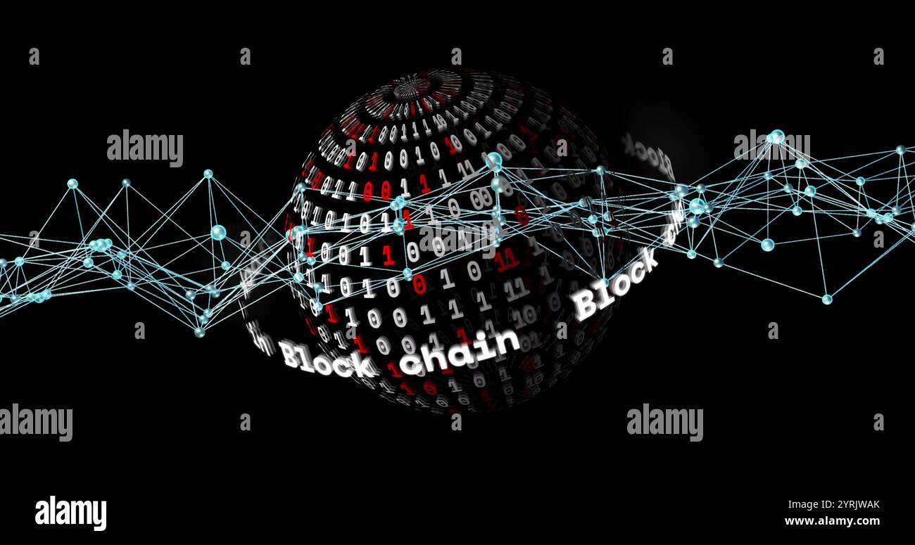 Blockchain and binary code image over rotating globe with network connections. Technology ...