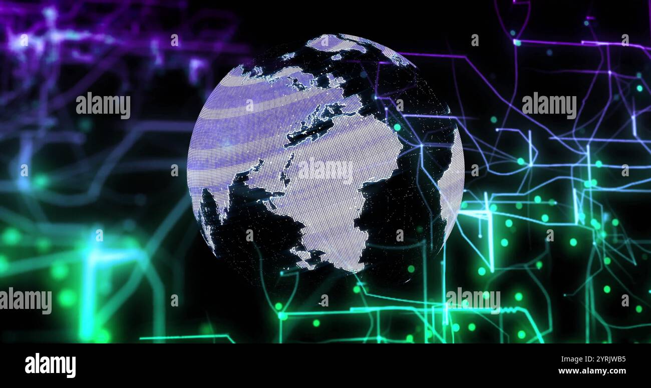 Rotating Earth with digital network connections image over dark background. Globe, data ...