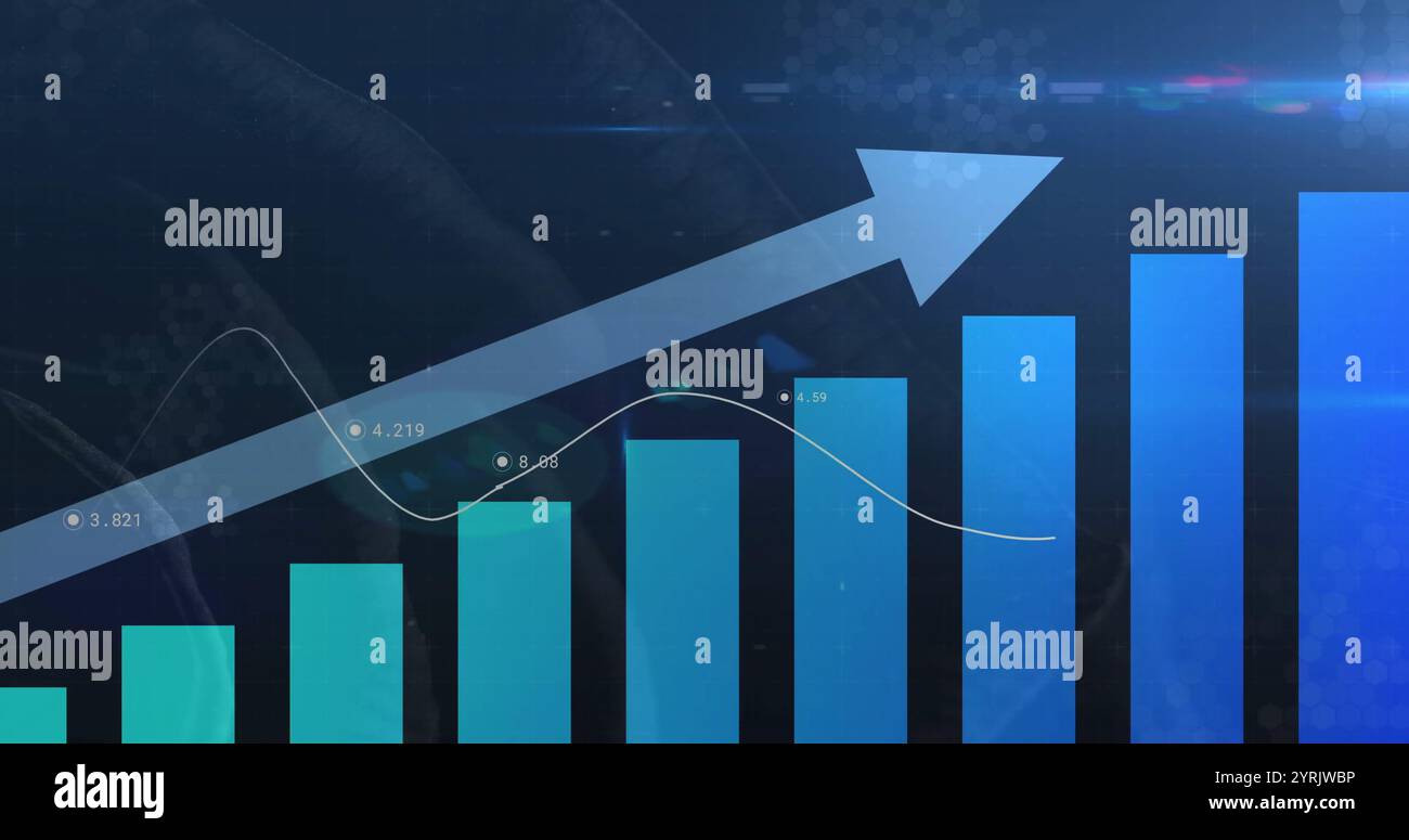Rising bar chart with upward arrow and data points image Stock Photo ...
