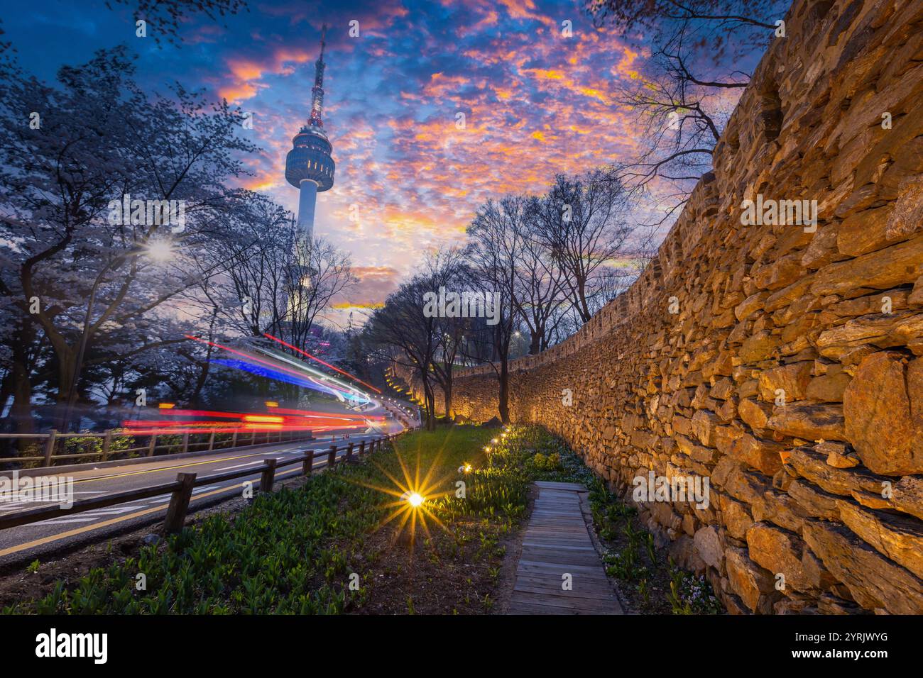 Spring on Namsan Mountain and traditional ancient walls and Namsan ...