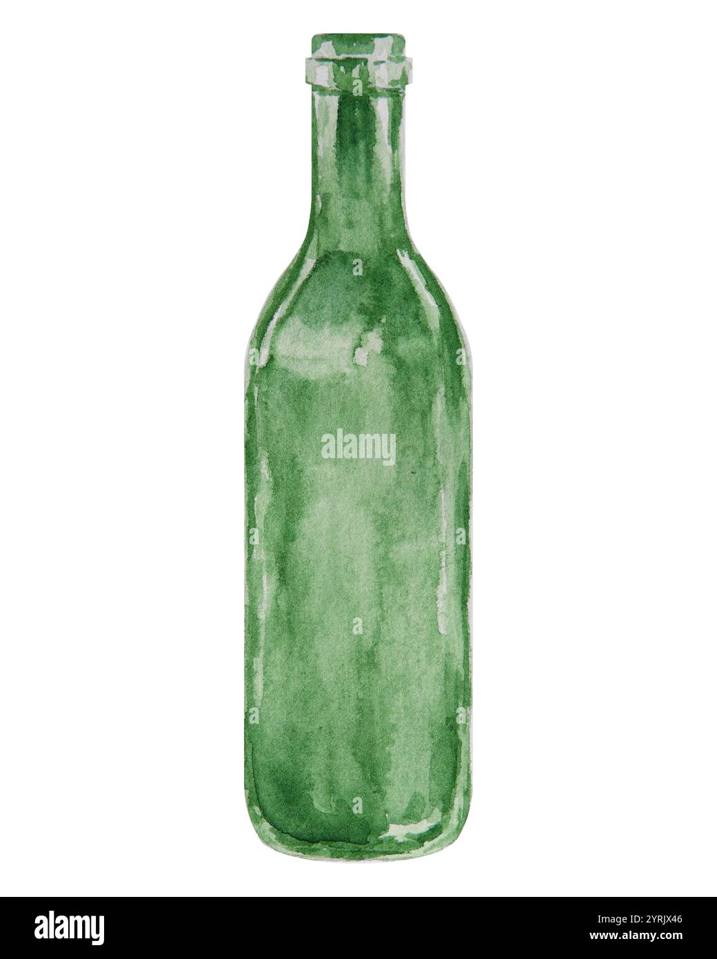Watercolor illustration of a green glass beer bottle with a simple ...