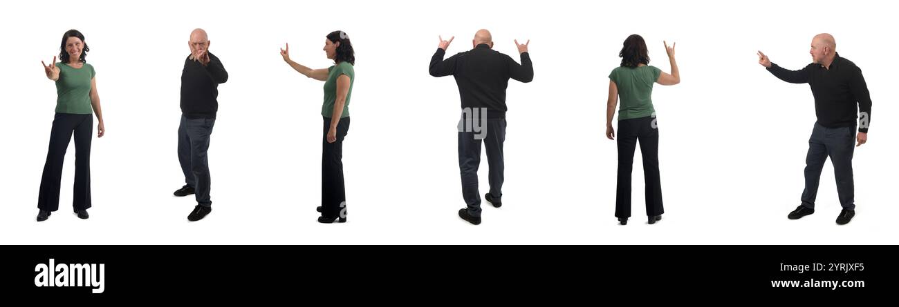 various poses of same women and men showing the horns sign with fingers ...