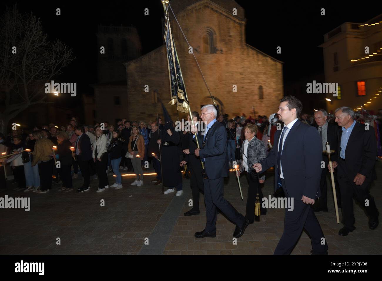 Traditional Easter parade in Besalu (Dia del Dolors) in the background ...