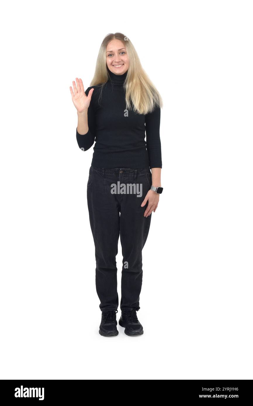 front view of standing woman greeting on white background Stock Photo ...