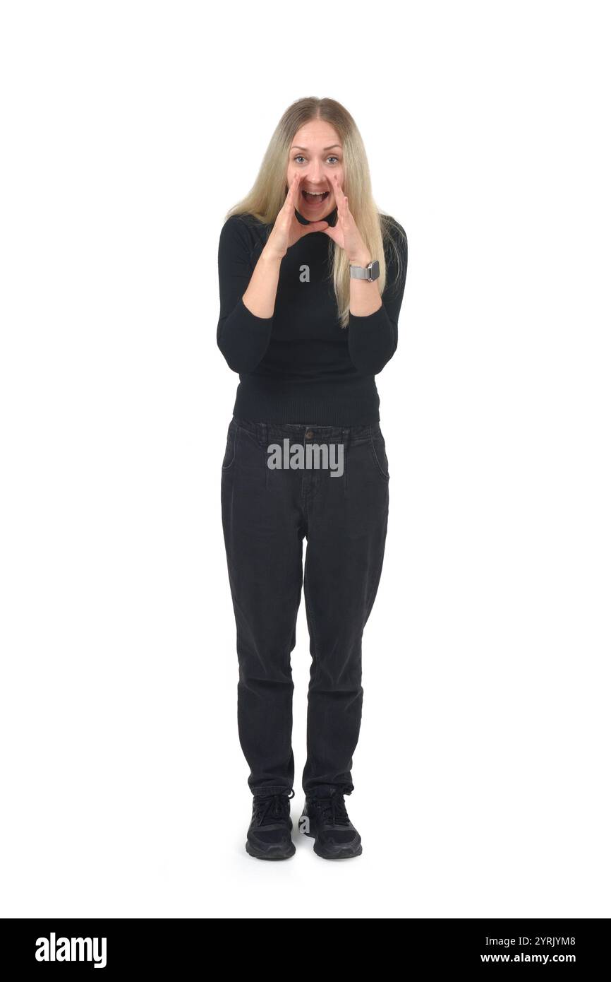 front view of a standing woman who is screaming on white background ...