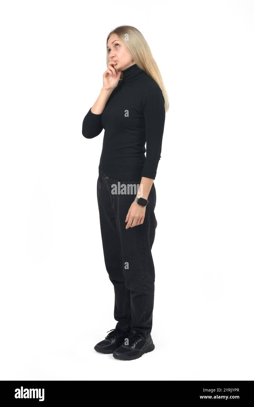 side view of a woman thinking whut hands on face look up on white ...