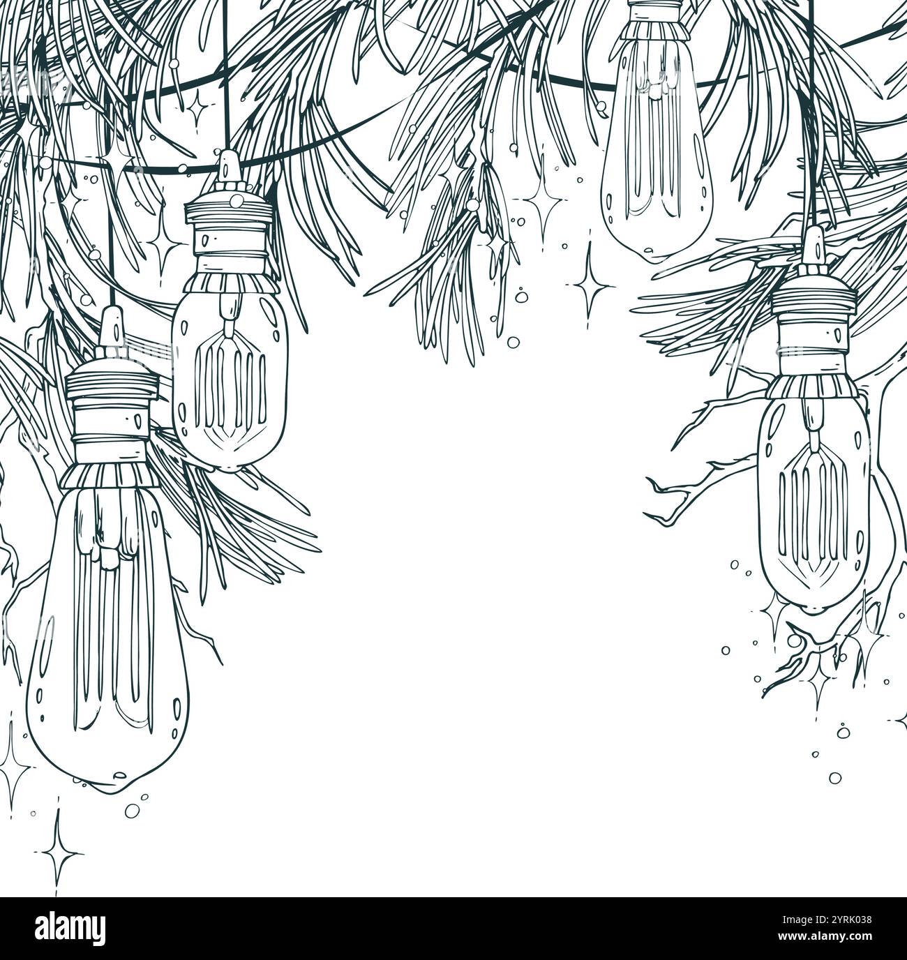 Retro Edison bulbs hanging with pine branches with stars and lights ...