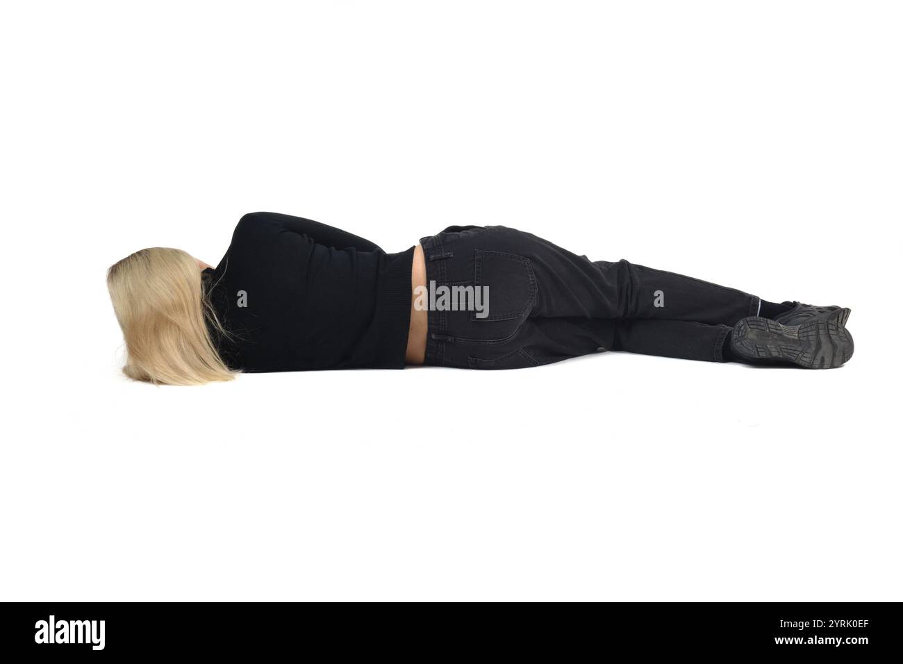 back view of a woman lying on the floor on white background Stock Photo ...