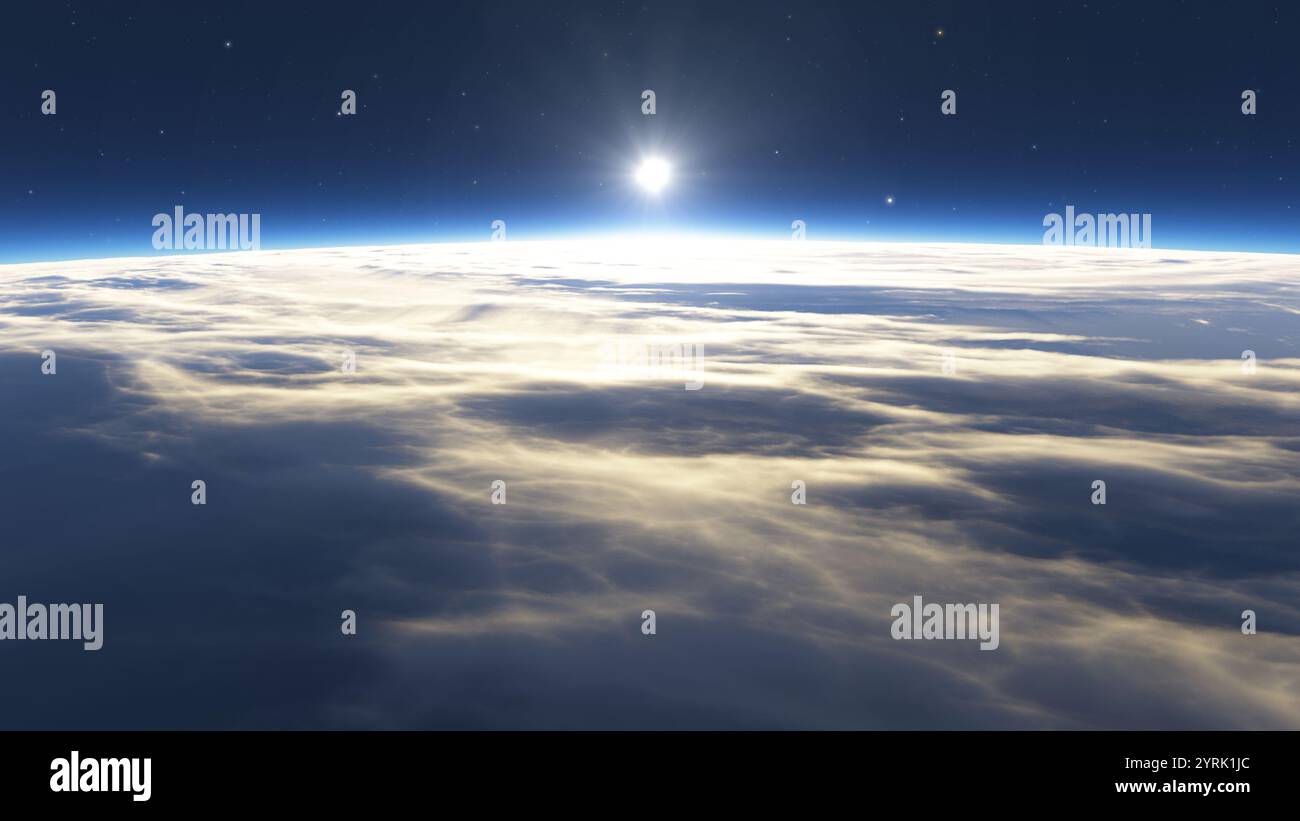 Earth sunrise with clouds, sun and stars Stock Photo - Alamy