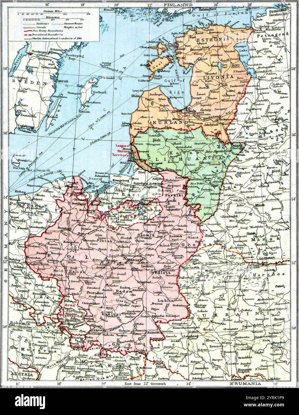 Map of Poland, Lithuania, Livonia and Estonia; published in the 1920 ...