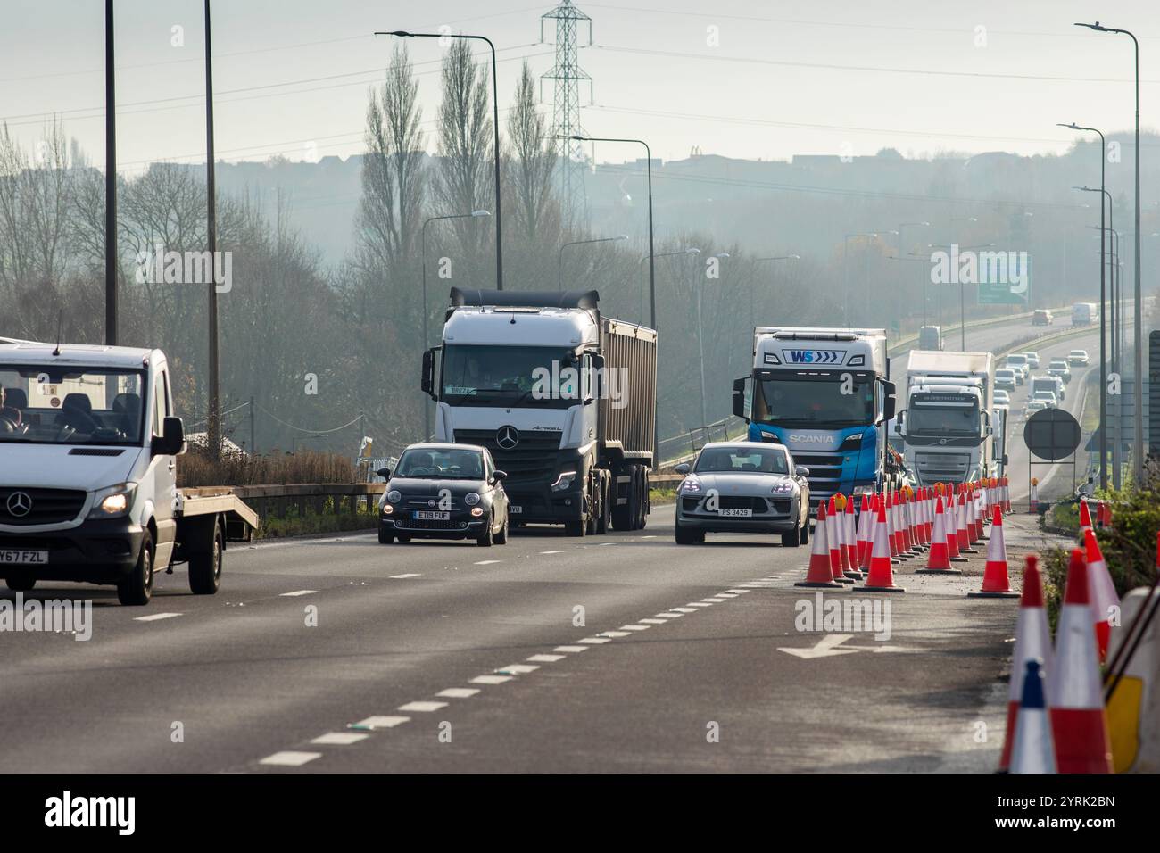 Busy traffic on the A1 dual carriageway main road in Yorkshire on a ...
